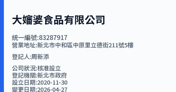 大嬸婆食品有限公司的照片-統編 83287917(新北市) 公司登記資料與營業項目詳細圖表