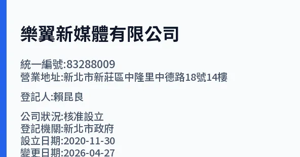 樂翼新媒體有限公司的照片-統編 83288009(新北市) 公司登記資料與營業項目詳細圖表