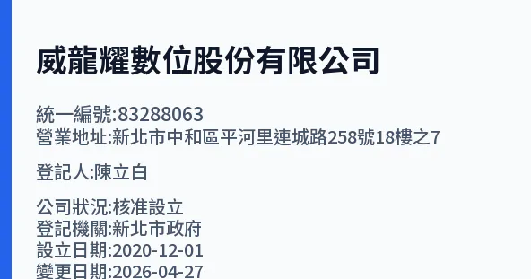 威龍耀數位股份有限公司的照片-統編 83288063(新北市) 公司登記資料與營業項目詳細圖表