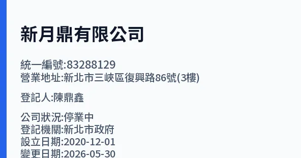 新月鼎有限公司的照片-統編 83288129(新北市) 公司登記資料與營業項目詳細圖表