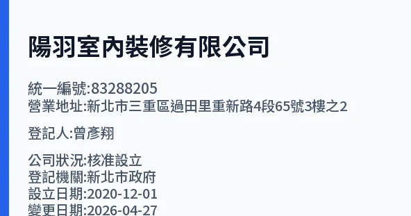陽羽室內裝修有限公司的照片-統編 83288205(新北市) 公司登記資料與營業項目詳細圖表