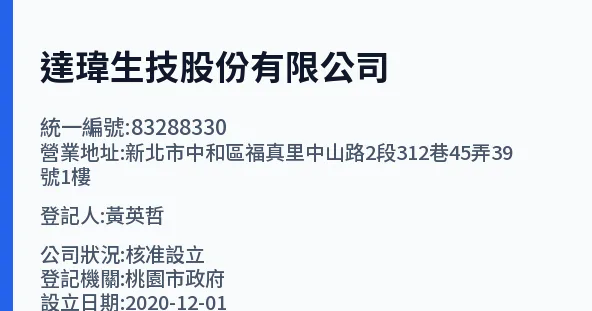 達瑋生技股份有限公司的照片-統編 83288330(新北市) 公司登記資料與營業項目詳細圖表