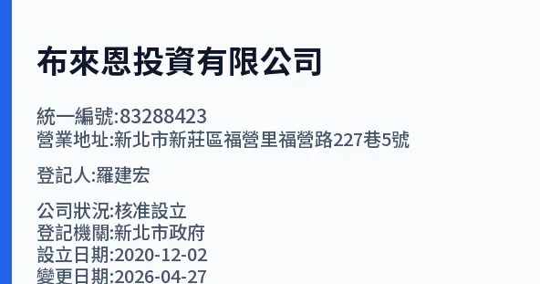 布來恩投資有限公司的照片-統編 83288423(新北市) 公司登記資料與營業項目詳細圖表
