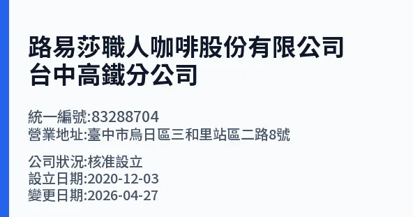 路易莎職人咖啡股份有限公司台中高鐵分公司的照片-統編 83288704(臺中市) 公司登記資料與營業項目詳細圖表
