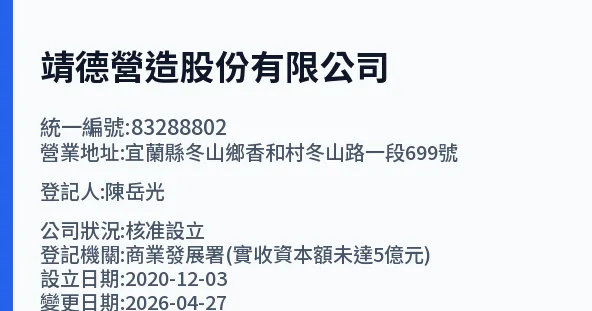 靖德營造股份有限公司的照片-統編 83288802(宜蘭縣) 公司登記資料與營業項目詳細圖表