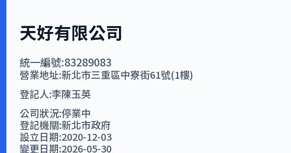 天好有限公司的照片-統編 83289083(新北市) 公司登記資料與營業項目詳細圖表
