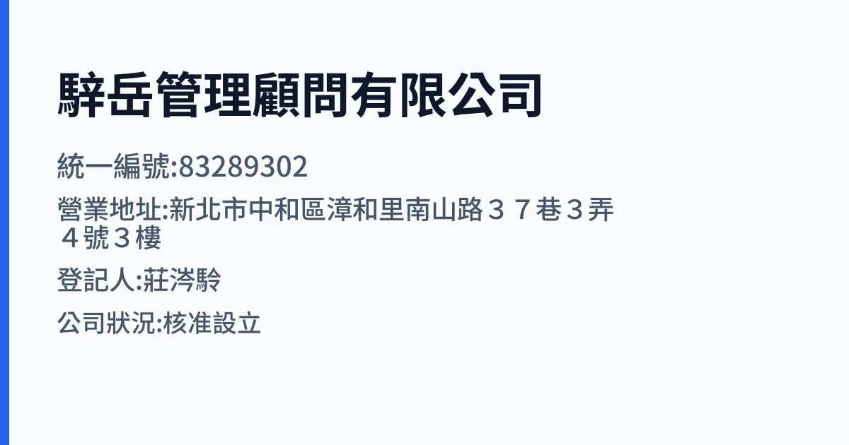 騂岳管理顧問有限公司 - 統編 83289302(新北市) 公司登記資料與營業項目詳細圖表