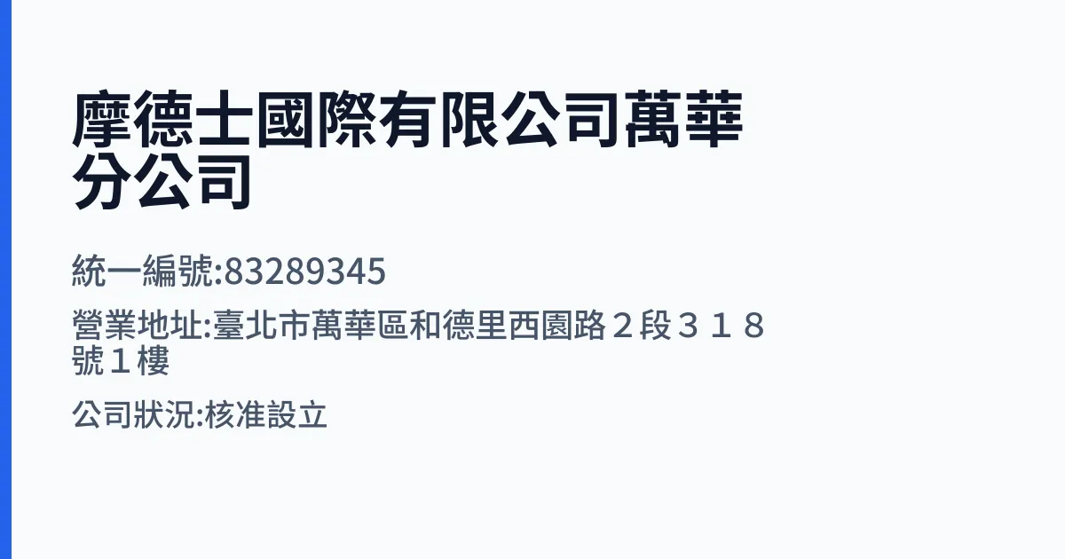摩德士國際有限公司萬華分公司 - 統編 83289345(臺北市) 公司登記資料與營業項目詳細圖表