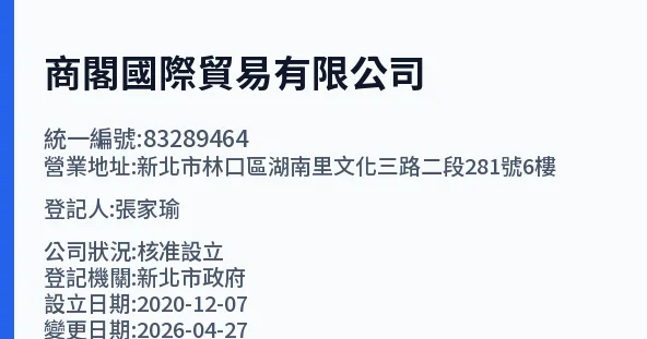 商閣國際貿易有限公司的照片-統編 83289464(新北市) 公司登記資料與營業項目詳細圖表
