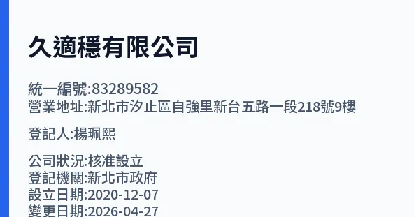 久適穩有限公司的照片-統編 83289582(新北市) 公司登記資料與營業項目詳細圖表