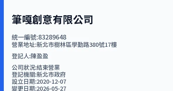 筆嘎創意有限公司的照片-統編 83289648(新北市) 公司登記資料與營業項目詳細圖表