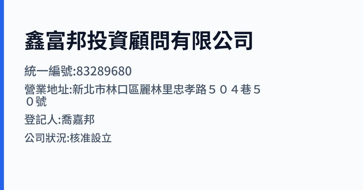 鑫富邦投資顧問有限公司 - 統編 83289680(新北市) 公司登記資料與營業項目詳細圖表