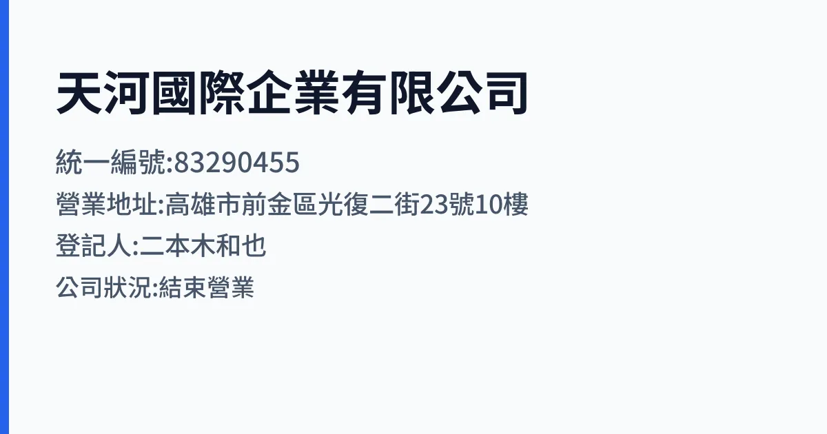 天河國際企業有限公司 - 統編 83290455(高雄市) 公司登記資料與營業項目詳細圖表