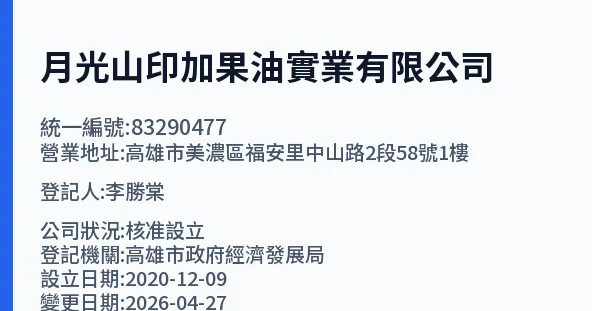 月光山印加果油實業有限公司的照片-統編 83290477(高雄市) 公司登記資料與營業項目詳細圖表
