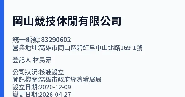 岡山競技休閒有限公司的照片-統編 83290602(高雄市) 公司登記資料與營業項目詳細圖表