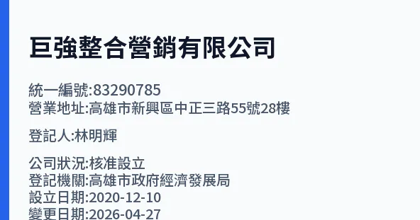 巨強整合營銷有限公司的照片-統編 83290785(高雄市) 公司登記資料與營業項目詳細圖表