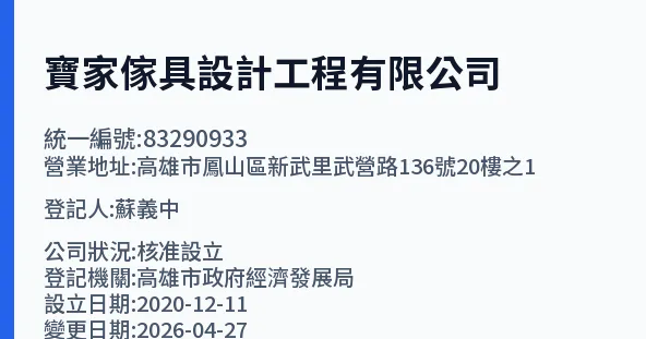 寶家傢具設計工程有限公司的照片-統編 83290933(高雄市) 公司登記資料與營業項目詳細圖表