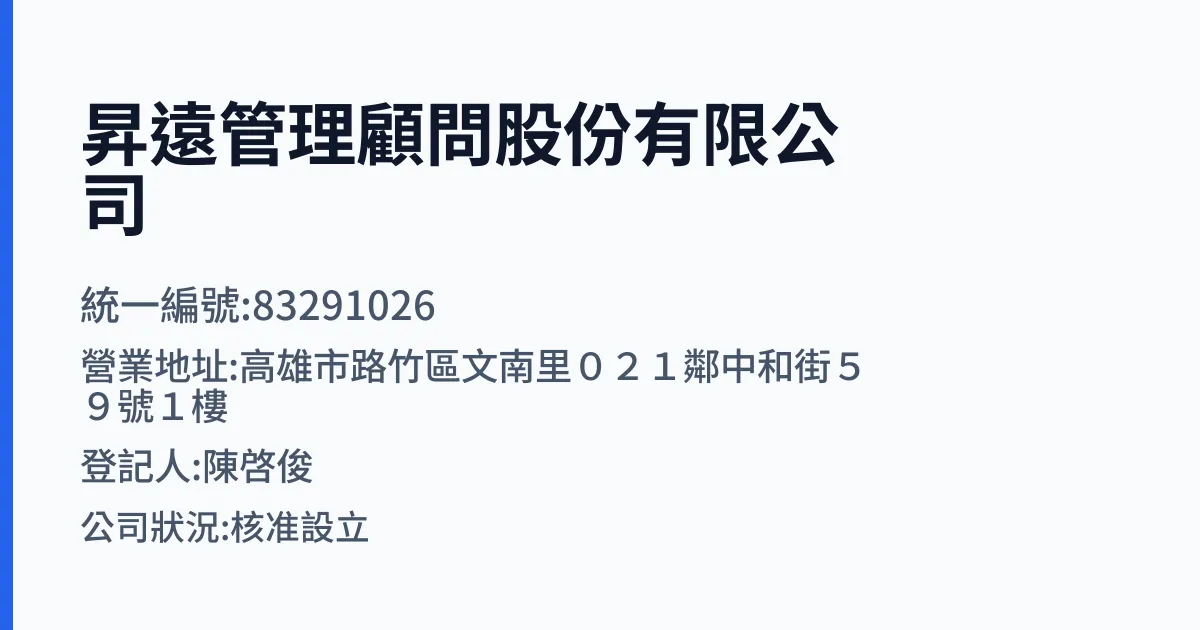 昇遠管理顧問股份有限公司 - 統編 83291026（高雄市） 公司登記資料與營業項目詳細圖表
