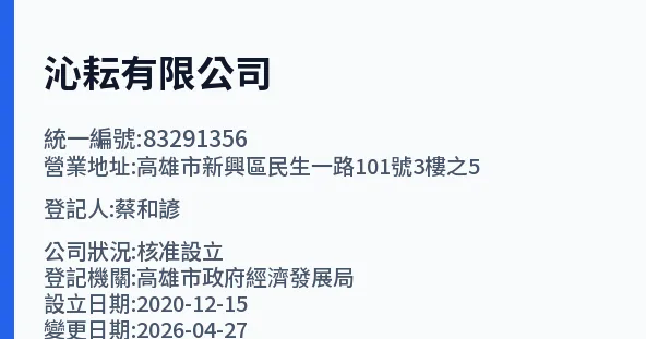 沁耘有限公司的照片-統編 83291356(高雄市) 公司登記資料與營業項目詳細圖表