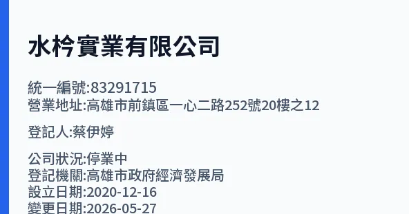 水枔實業有限公司的照片-統編 83291715(高雄市) 公司登記資料與營業項目詳細圖表