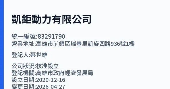凱鉅動力有限公司的照片-統編 83291790(高雄市) 公司登記資料與營業項目詳細圖表