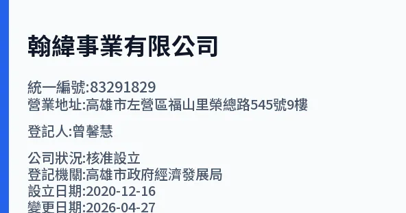 翰緯事業有限公司的照片-統編 83291829(高雄市) 公司登記資料與營業項目詳細圖表