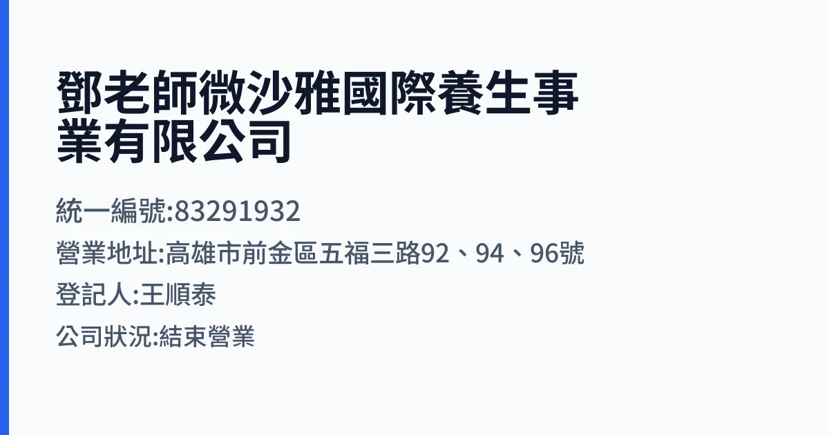 鄧老師微沙雅國際養生事業有限公司 - 統編 83291932(高雄市) 公司登記資料與營業項目詳細圖表