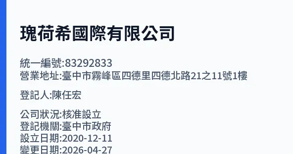瑰荷希國際有限公司的照片-統編 83292833(臺中市) 公司登記資料與營業項目詳細圖表