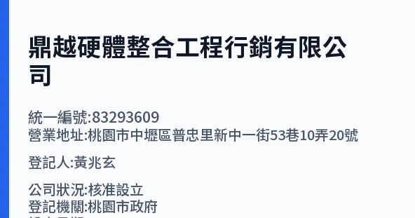 鼎越硬體整合工程行銷有限公司的照片-統編 83293609(桃園市) 公司登記資料與營業項目詳細圖表