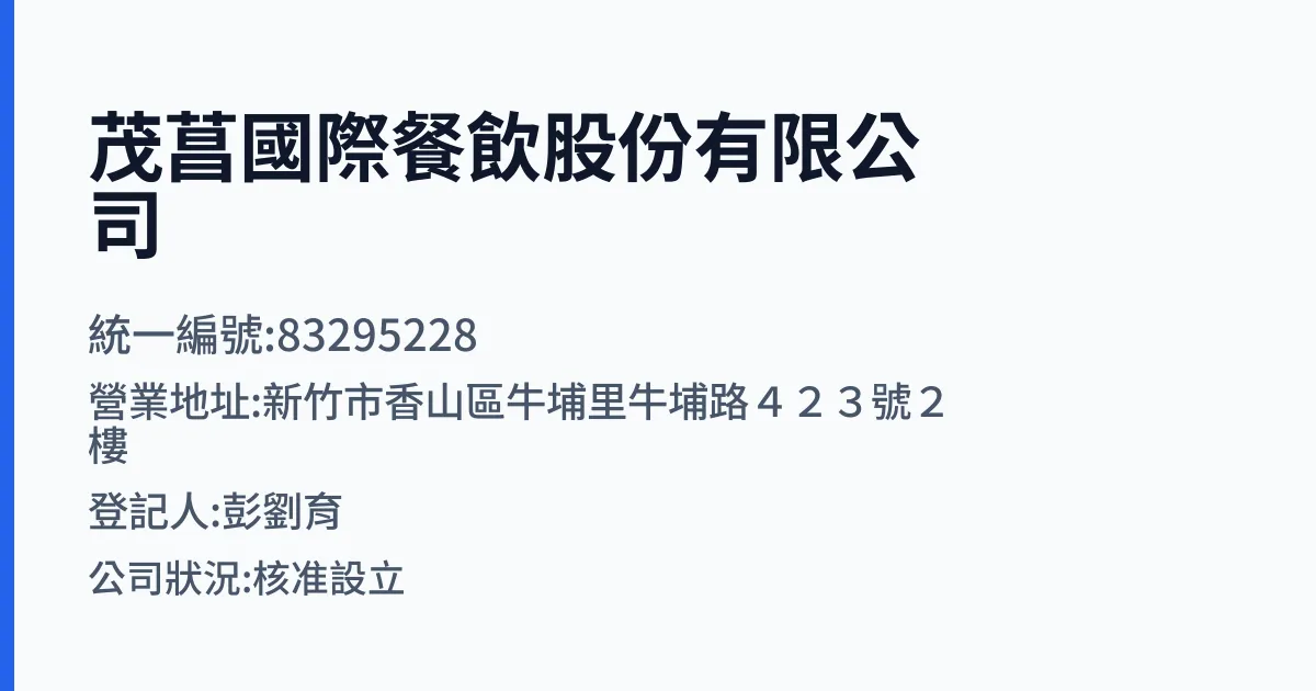 茂菖國際餐飲股份有限公司 - 統編 83295228（新竹市） 公司登記資料與營業項目詳細圖表