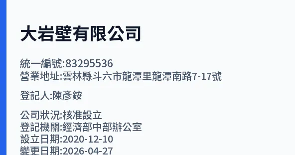 大岩壁有限公司的照片-統編 83295536(雲林縣) 公司登記資料與營業項目詳細圖表