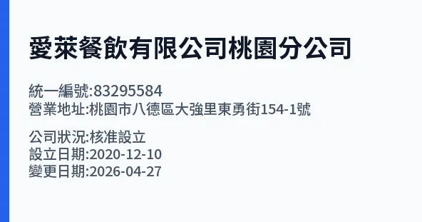 愛萊餐飲有限公司桃園分公司的照片-統編 83295584(桃園市) 公司登記資料與營業項目詳細圖表