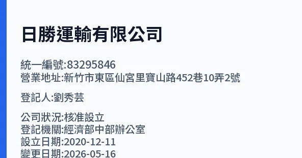 日勝運輸有限公司的照片-統編 83295846(新竹市) 公司登記資料與營業項目詳細圖表