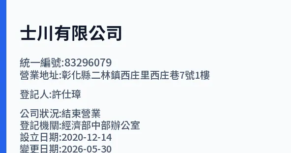 士川有限公司的照片-統編 83296079(彰化縣) 公司登記資料與營業項目詳細圖表