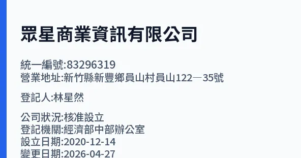 眾星商業資訊有限公司的照片-統編 83296319(新竹縣) 公司登記資料與營業項目詳細圖表