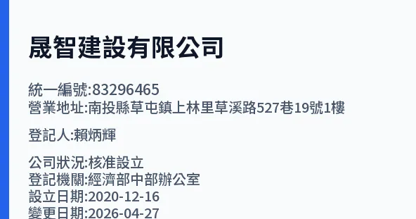 晟智建設有限公司的照片-統編 83296465(南投縣) 公司登記資料與營業項目詳細圖表
