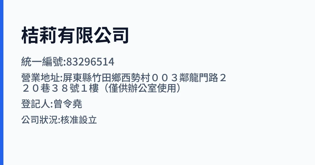 桔莉有限公司 - 統編 83296514(屏東縣) 公司登記資料與營業項目詳細圖表