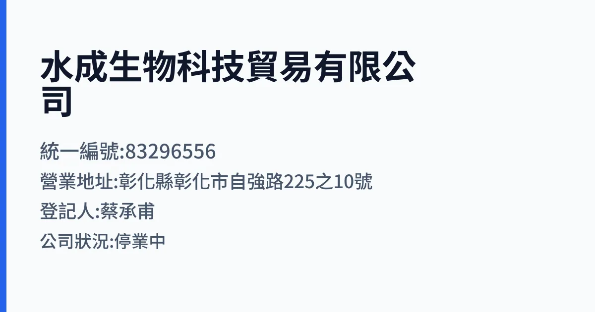 水成生物科技貿易有限公司 - 統編 83296556(彰化縣) 公司登記資料與營業項目詳細圖表