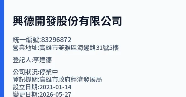 興德開發股份有限公司的照片-統編 83296872(高雄市) 公司登記資料與營業項目詳細圖表