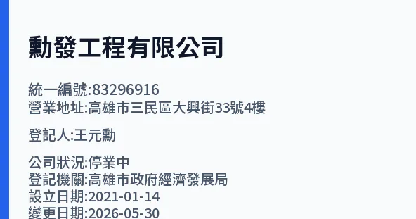 勳發工程有限公司的照片-統編 83296916(高雄市) 公司登記資料與營業項目詳細圖表