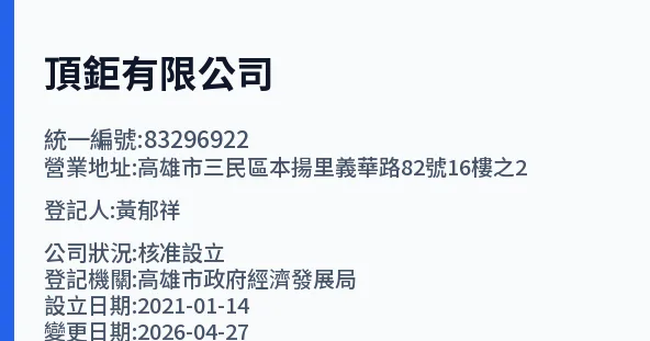 頂鉅有限公司的照片-統編 83296922(高雄市) 公司登記資料與營業項目詳細圖表