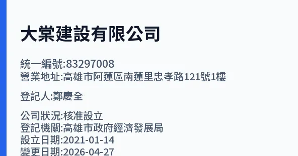 大棠建設有限公司的照片-統編 83297008(高雄市) 公司登記資料與營業項目詳細圖表