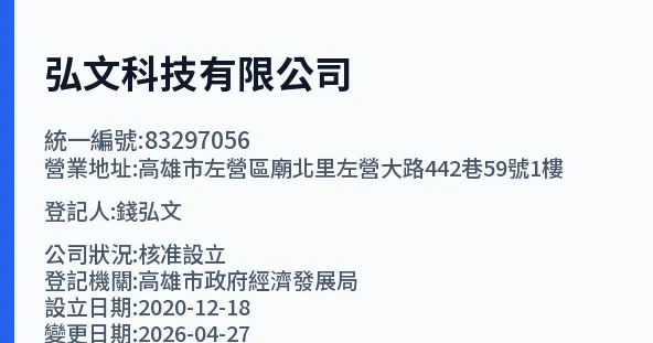 弘文科技有限公司的照片-統編 83297056(高雄市) 公司登記資料與營業項目詳細圖表