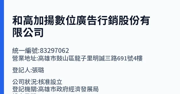和高加揚數位廣告行銷股份有限公司的照片-統編 83297062(高雄市) 公司登記資料與營業項目詳細圖表