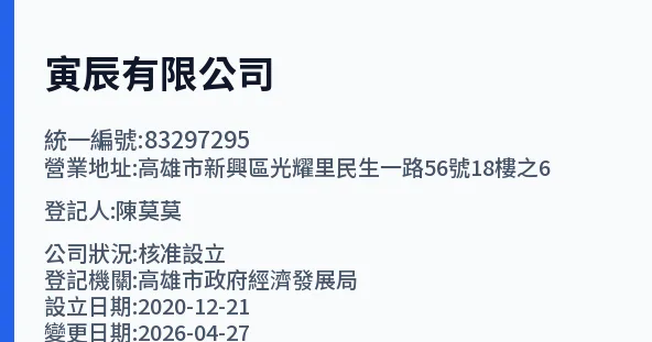 寅辰有限公司的照片-統編 83297295(高雄市) 公司登記資料與營業項目詳細圖表