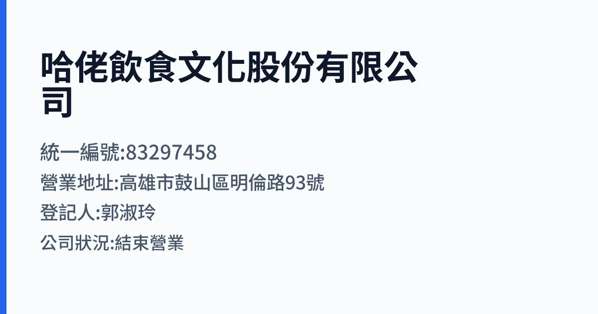 哈佬飲食文化股份有限公司 - 統編 83297458(高雄市) 公司登記資料與營業項目詳細圖表