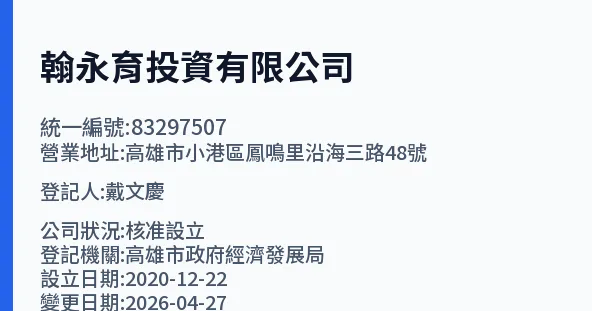 翰永育投資有限公司的照片-統編 83297507(高雄市) 公司登記資料與營業項目詳細圖表