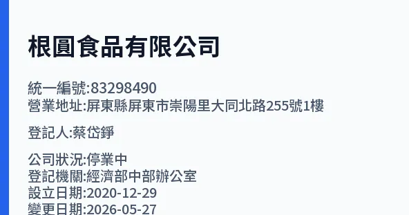 根圓食品有限公司的照片-統編 83298490(屏東縣) 公司登記資料與營業項目詳細圖表