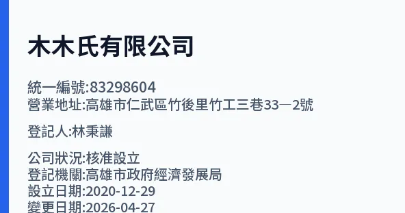 木木氏有限公司的照片-統編 83298604(高雄市) 公司登記資料與營業項目詳細圖表