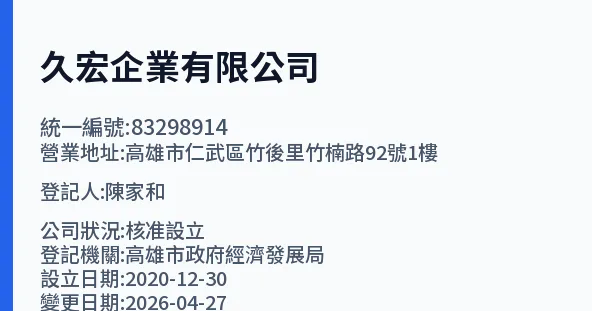 久宏企業有限公司的照片-統編 83298914(高雄市) 公司登記資料與營業項目詳細圖表